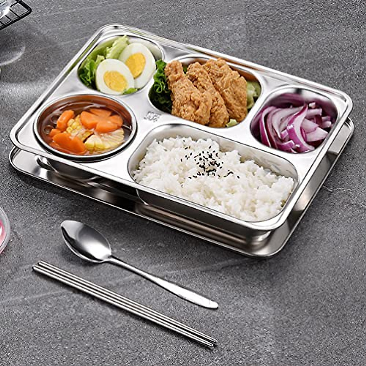 GANAZONO 2 Sets Stainless Steel Rectangular Divided Plates Tray with Lid for Adults Divided Dinner Tray 5 Sections Bento Lunch Box Camping