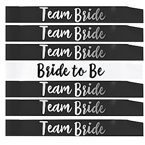 Team Bride 7pc Satin Sash Set - Sophisticated & Fun Party Favors for Bachelorette Party, Bridal Shower & Wedding Party (7pc Set, White & Black)