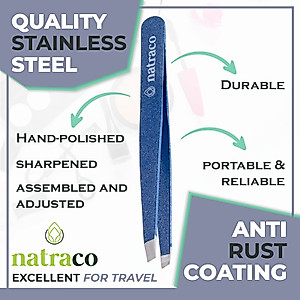Stainless Steel Slant Precision Tweezers – Professional Tweezers for Eyebrows & Hair Removal – Stainless Steel & Blue Textured (Pack of 2)