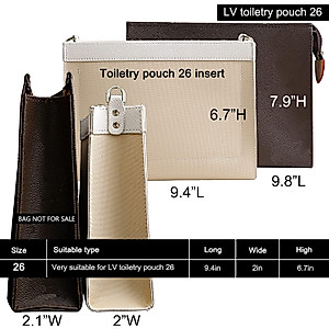 OAikor Upgraded Purse Insert Organizer Bag Fit Toiletry Pouch 26 Premium Microfiber Leather with D Rings, Waterproof Bag Insert for lv Pouch 26 Khaki (Large-26, Beige)