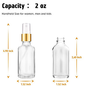 Tecohouse Glass Spray Bottles for Essential Oils, 2 oz Small Empty Refillable Sprayer Container with Golden Top, Labels, Funnel, Lids, Pipettes - Pocket Size 4 Pack Clear