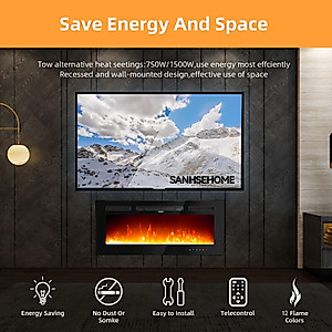 SANHSEHOME Electric Fireplace Inserts 40 Inch Wide Wall Fireplace Electric with Remote Control Electric Fireplace Wall Mounted Recessed with 12 Flame Colors Fake Log & Crystal 1-8h Timer 750W/1500W