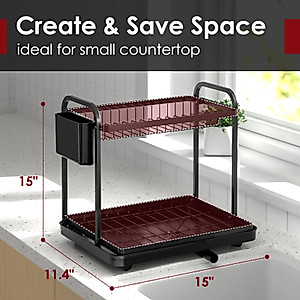 Sakugi Dish Drying Rack - Stainless Steel Dish Rack for Kitchen Counter, 2-Tier Kitchen Organizers and Storage Rack with Drainboard and Cutlery Holder, Large, Black