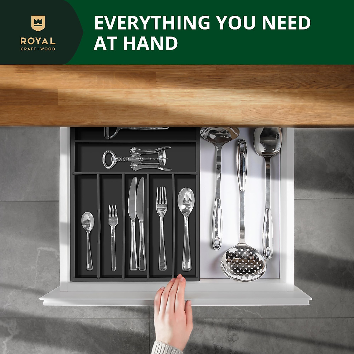 ROYAL CRAFT WOOD Bamboo Kitchen Drawer Organizer - Silverware Organize and Cutlery Tray with Grooved Drawer Dividers for Flatware and Kitchen Utensils (7 Slot, Black)