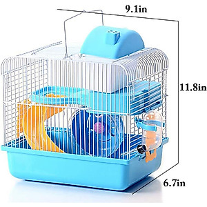 Zhang Ku 2-Tier Portable Travel Cage for Small Animals, Dwarf Hamster Travel Carrier with Carry Handle Exercise Wheel Water Bottle and Food Dish, 6.7 x 11.8 x 9.1 Inch (Blue) (SSS441)