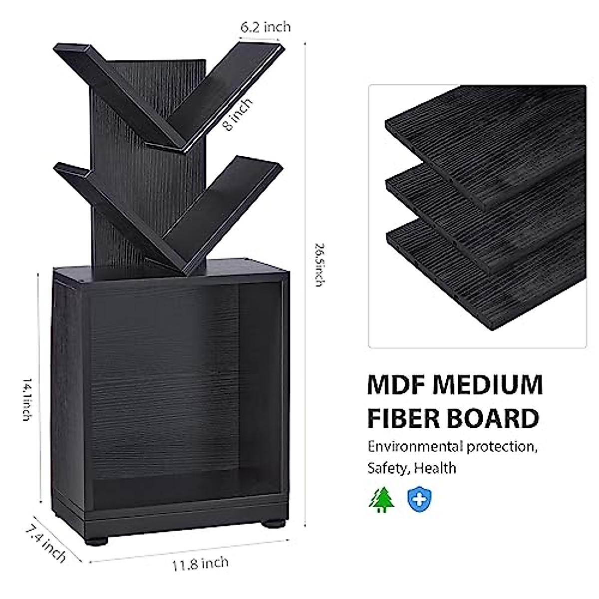 ruboka 2-Shelf Tree Bookshelf with Storage, 26.5-Inch Retro Floor Standing Bookcase Display for CDs/Magazine/Books, Small Bookshelf for Bedroom, Living Room, Office, Black Storage Shelves DESK52B