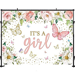 Maijoeyy 7x5ft It's a Girl Baby Shower Backdrop Pink Floral Butterfly Baby Shower Backdrop for Girl Baby Shower Decoration Girl Baby Shower Backdrops for Photography