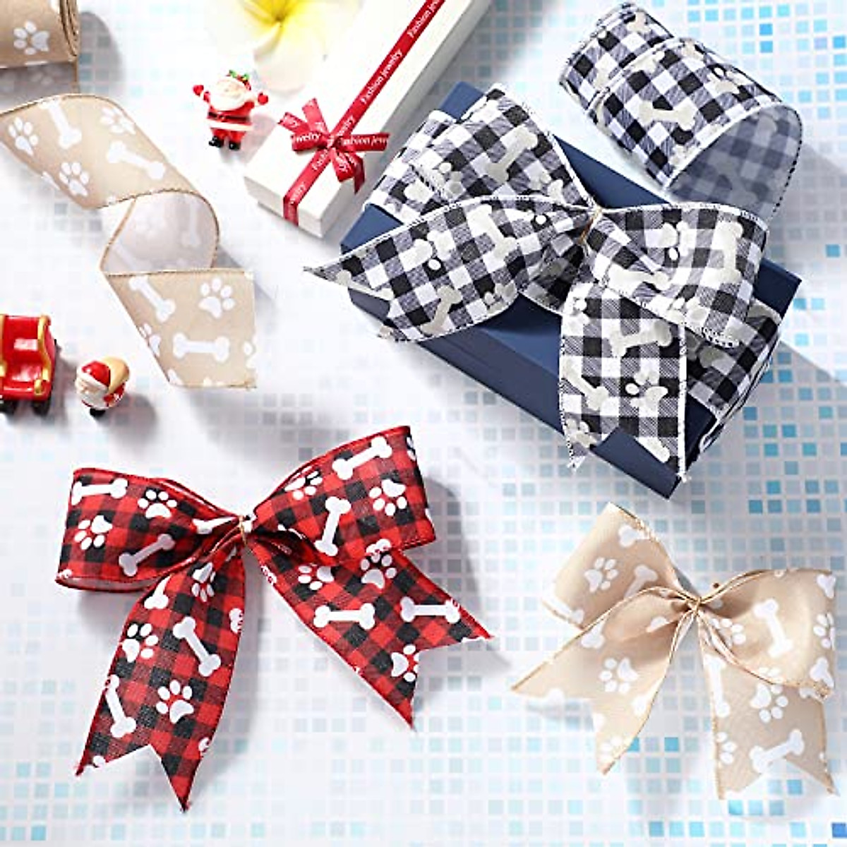 3 Rolls 19.5 Yards Paw Print Ribbon Dog Bone Ribbon Dog Paw Wrapping Ribbon Paw Print Wired Edge Ribbon Decorative Wrapping Ribbons for DIY Wrapping Craft（Beige, Red Black Plaid, White Black Plaid）