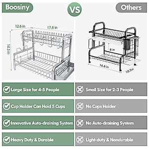 BOOSINY 2 Tier Dish Drying Rack and Drainboard Set, Large Stainless Steel Dish Drainers for Kitchen Counter, Dish Strainer Shelf with Cup-Holder （Grey）