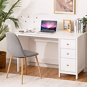 Tangkula White Desk with Drawers, Modern Home Office Computer Desk with Storage Drawers & Spacious Desktop, Compact Writing Study Desk Laptop Desk for Bedroom, Multipurpose Workstation