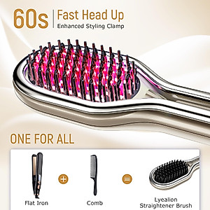 Hair Straightener Brush Ceramic | Negative Ionic Ring Straightening Comb | Natural Hairstyles Heat Brush Dual Voltage Fast Heat-Up with Dense Bristles, 4 Temps, Anti-Scald & Auto-Off