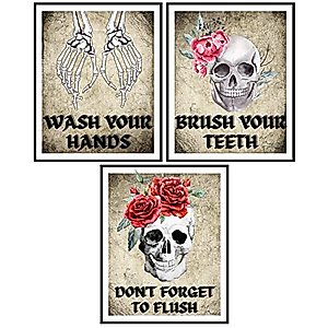 Roxbury Row Goth Bathroom Decor | Skeleton Decor, Skull Decor | Funny Bathroom Signs, Floral Skull Bathroom Decor Sets | Halloween Bathroom Decor Set (Unframed Prints) (Set of 3: Wash/Brush/Flush)