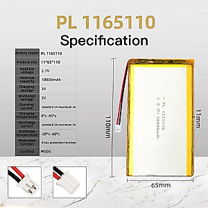 AKZYTUE 3.7V 10000mAh 1165110 Lipo Battery Rechargeable Lithium Polymer Ion Battery with PH2.0mm JST Connector