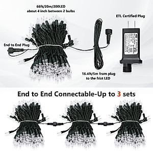 Joomer Warm white LED Christmas Lights Outdoor, 66ft 200 LED Mini String Lights 8 Modes Timer Twinkle Fairy Lights Connectable Waterproof for Indoor Outdoor Home Garden Party Xmas Decoration