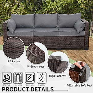WAROOM Patio Couch PE Wicker Outdoor 3-Seat Sofa Brown Rattan Furniture Set Deep Seating with Anti-Slip Grey Cushion
