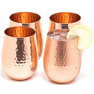 Copper wine glasses set of 4 – 17oz gleaming 100% solid hammered copper stemless wine cups – Valent for men and women – great copper tumblers for red or white wine and Moscow mules.