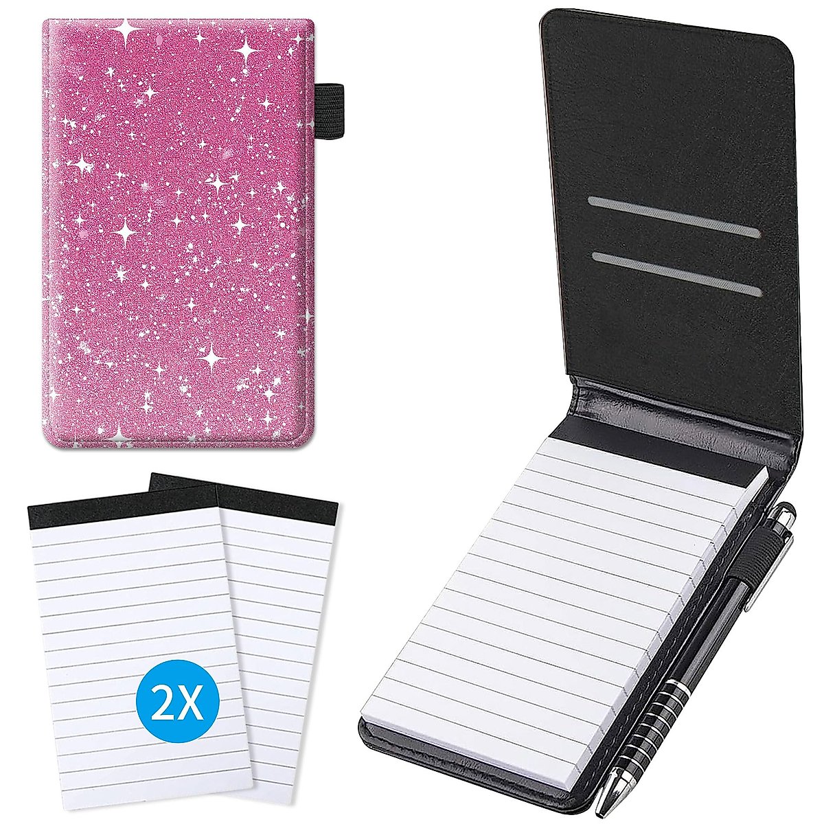 RYUITHDJP Small Memo Pad Notepad with Bling Theme, Mini Pocket Notepad Holder + 1 Pen + 2 Pieces Memo Book Refills 30 Lined Paper Note Pad