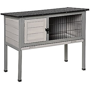 PawHut Elevated Wooden Rabbit Hutch, Indoor/Outdoor Bunny Cage with Hinged Asphalt Roof and Removable Tray for Guinea Pig, Grey