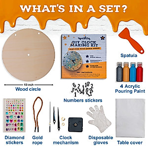 ROMI'S WAY DIY Clock kit w Round Wood, Acrylic Pouring Paint, Clock Mechanism – Kids Painting kit - Clock Kits for Do It Yourself - Unique Boys & Girls Arts and Crafts for Kids Ages 8-12 6-8 and up