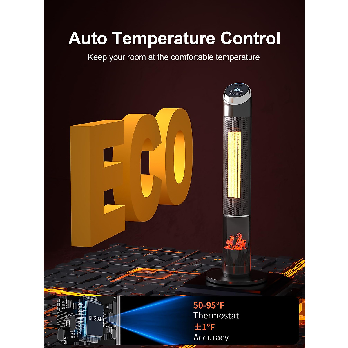 38'' Space Heater, Portable Electric Heater for Indoor Use, 1500W Ceramic Tower Heater with 3D Flame Effect, Adjustable Thermostat, 80° Oscillation, Safety Protection for Office Bedroom Home (Black)