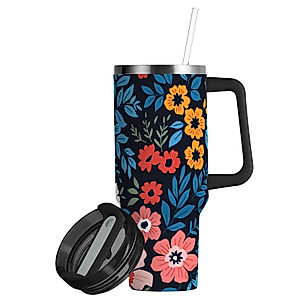 Yasala Car Tumbler with Handle Spring Vivid Flower Travel Mug Coffee Cup Insulated Beverage Container Mega Cup for Hot Cold Drinking Thermos Water Bottle Cupholder Friendly 40 oz