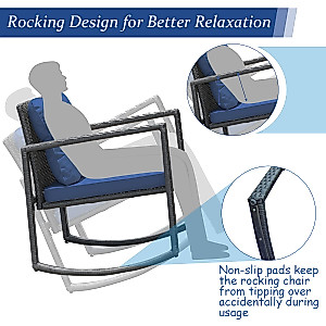 Tangkula 3 Pieces Patio Wicker Rocking Bistro Set, Outdoor Rocking Chair Furniture Set w/Cushioned Seat, Conversation Set w/Glass Coffee Table and Storage Shelf (Navy Blue)