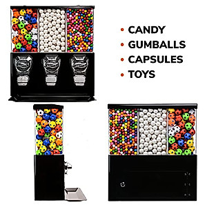 Vending Machine - Commercial Gumball and Candy Machine with Stand - Black Triple Vending Machine with Interchangeable Canisters - Coin Operated Candy Dispenser and Gumball Machine - Vending Dispenser