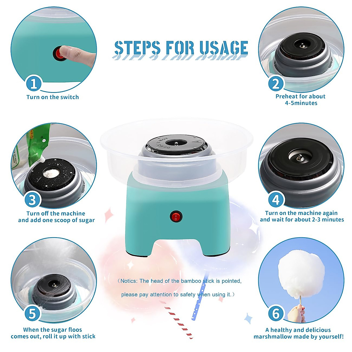 Cotton Candy Machine, Portable Countertop Cotton Candy Maker With Splash-Proof Cricle, Candy Floss Maker Includes Two Recyclable Candy Sricks (Color Random) & Sugar Scoop For Kids birthday Party (Green)