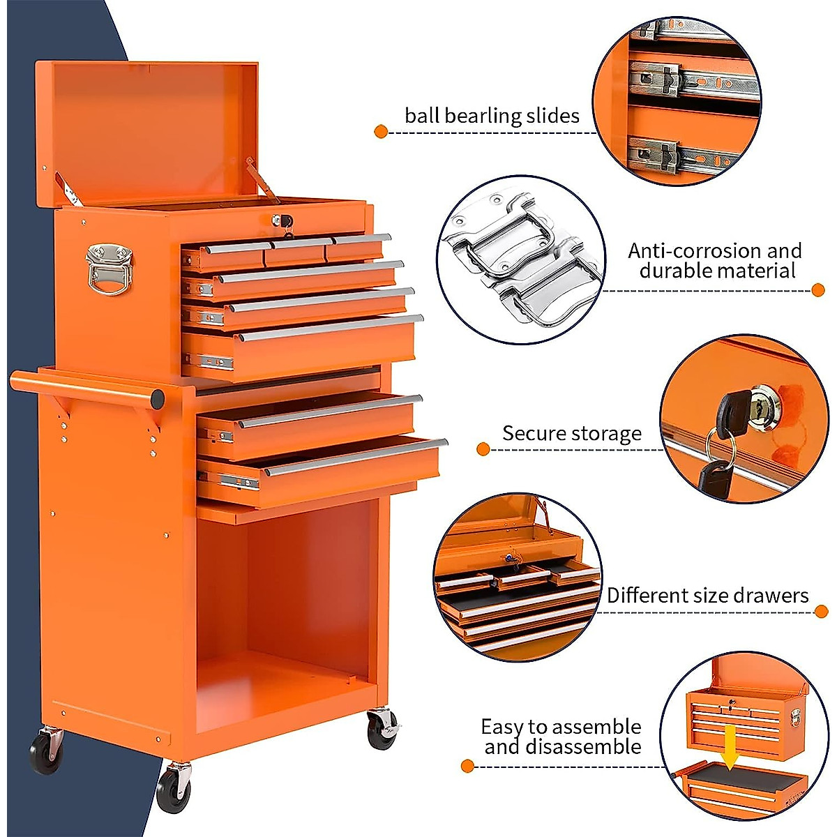 Eco Home 8-Drawer High Capacity Rolling Tool Box, Removable Cabinet Storage Tool Chest with Wheels and Drawers, Detachable Toolbox with Lock for Workshop Mechanics Garagee (Orange)