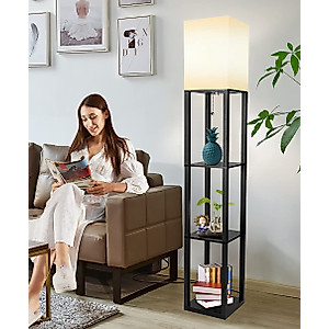 Wishwill Floor Lamp with Shelves, Modern Standing Shelf Lamp with 3 CCT LED Bulb and White Shade for Living Room Bedroom and Office-Black