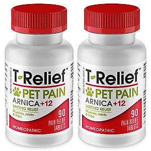 T-Relief Pet Pain Relief Arnica +12 Powerful Natural Medicines Help Ease Muscle Joint & Hip Pain Soreness Stiffness & Injuries Max Fast-Acting Soother for Dogs & Cats - 90 Tablets (2 Pack)