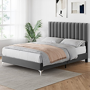 IDEALHOUSE Queen Size Bed Frame with Adjustable Headboard, Velvet Upholstered Platform Bed Frame with Wooden Slats Support, No Box Spring Needed, Easy Assembly, Dark Grey
