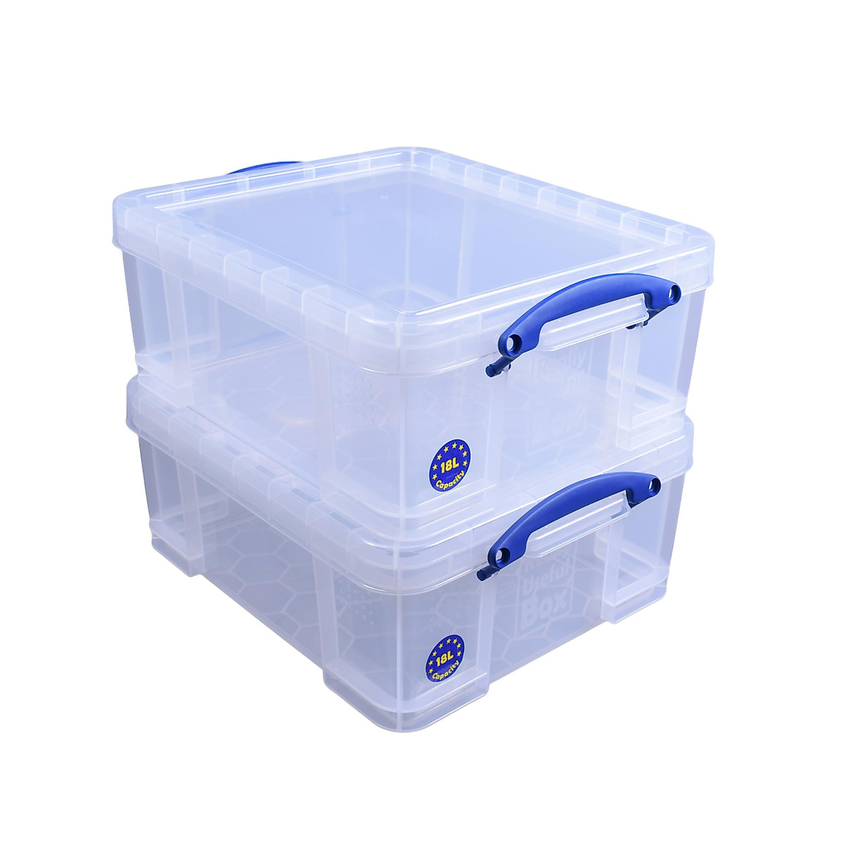 Really Useful Box 18 Liter Plastic Stackable Storage Container w/Snap Lid & Built-In Clip Lock Handles for Home or Office Organization, 2 Pack, Clear