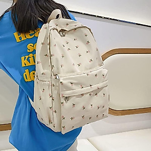 2023 Cute Preppy School Bag Floral Printed Kawaii Backpack Cottagecore Aesthetic Backpack BookBag Laptop Daypack (White)