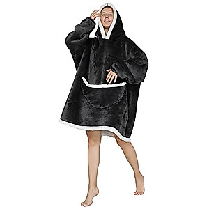Wearable Sherpa Oversized Blanket Hoodie, Super Soft Warm Sweatshirt with Hood Pocket and Sleeves, Thick Plush Hooded Blanket for Women Men, One Size Fits All, Grey