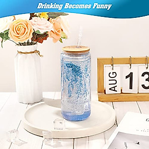 YOUKE OLA 4 Pack Double Wall Glass Cans Blank with Bamboo Lid & Straws, Pre Drilled Beer Can Glass for Snow Globe glitter (Clear 16oz