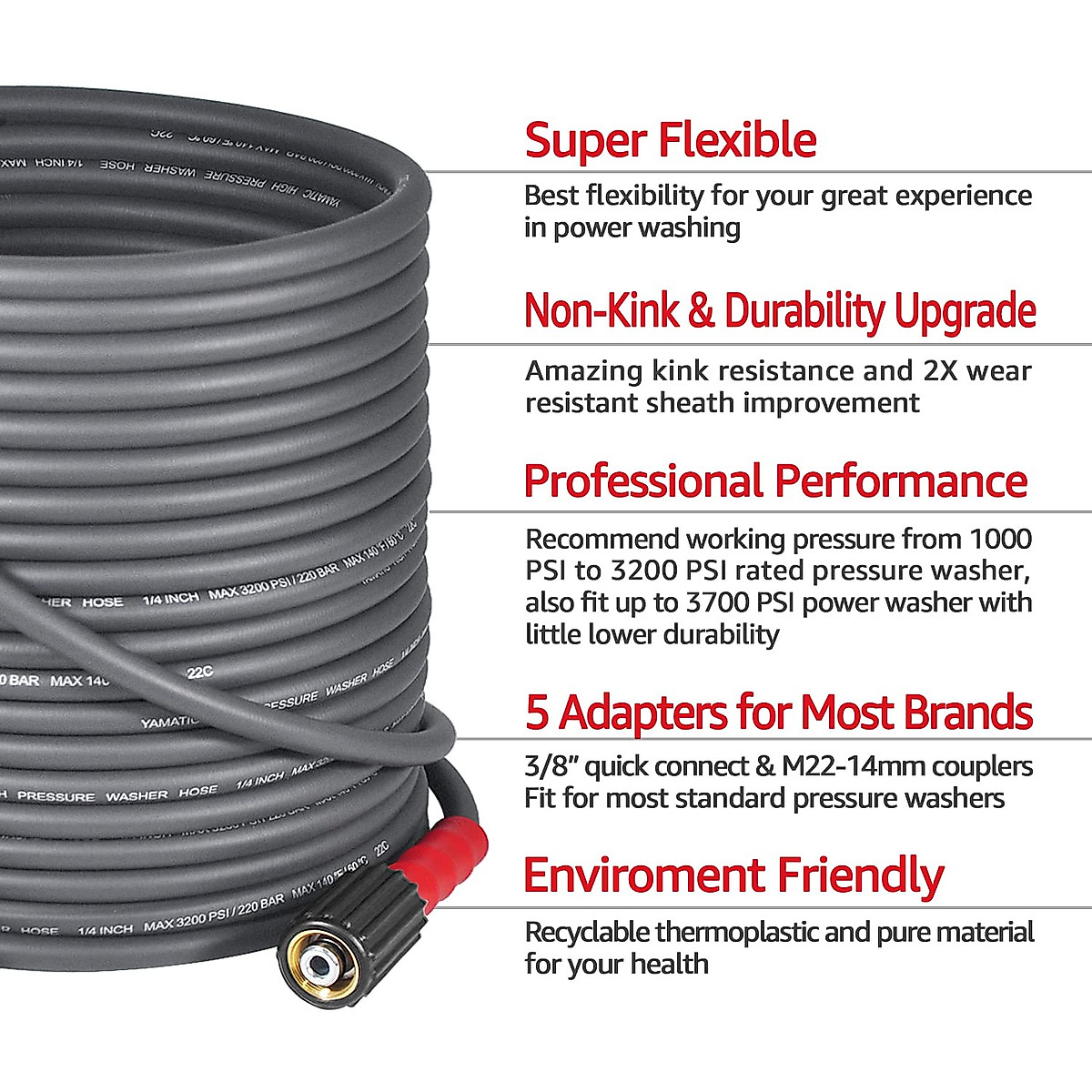 Hose&Adapter Kit Replacement for Sun Joe M22 Electric Power Washer and Wands, 2 M22-15mm Adapters, M22-14mm Thread & 3/8" Qucik Connectors, 50FT 1/4" X 3200 PSI Pressure Hose, Super Flexible