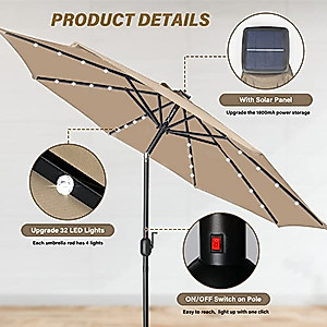 Simple Deluxe 9' Solar Umbrella 32 LED Lighted Patio Umbrella Table Market Umbrella with Push Button Tilt/Crank Outdoor Umbrella for Garden, Deck, Backyard and Pool, Tan