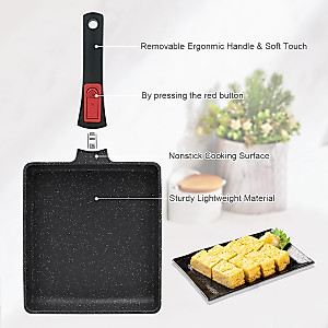 AIKENBBKK Japanese Omelette Pan Nonstick, Large Tamagoyaki Pan Egg Roll Pan with Detachable Handle, Oven& Dishwasher Safe, 9” x 8” (Black)