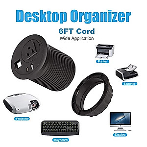 E-Macht 2 PCS of Desktop Power Grommet Outlet Conference Recessed Power Socket with AC Outlet, USB A/C(Type-C) & Replaceable Outlet(CAT 6, HDMI), 6 Ft Extension Cord for Home Office Library Table