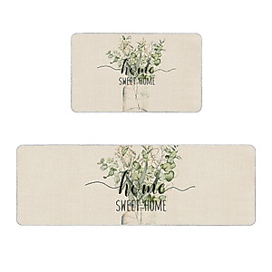 ZOE GARDEN 2 Pcs Kitchen Rug Set, Eucalyptus Leaves Non-Slip Kitchen Mats and Rugs Comfort Floor Door Mat Doormat, Long Throw Bath Runner Rug Mat Watercolor Bottle Spring Flowers