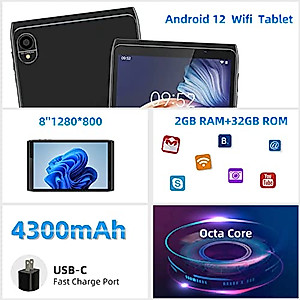 Android Tablet 8 inch, Android 12.0 Tableta 32GB Storage 512GB SD Expansion Tablets PC, Quad-core Processor 2GB RAM 1280x800 IPS HD Touchscreen Dual Camera Tablets, Support WiFi6, BT, 4300 mAh Battery