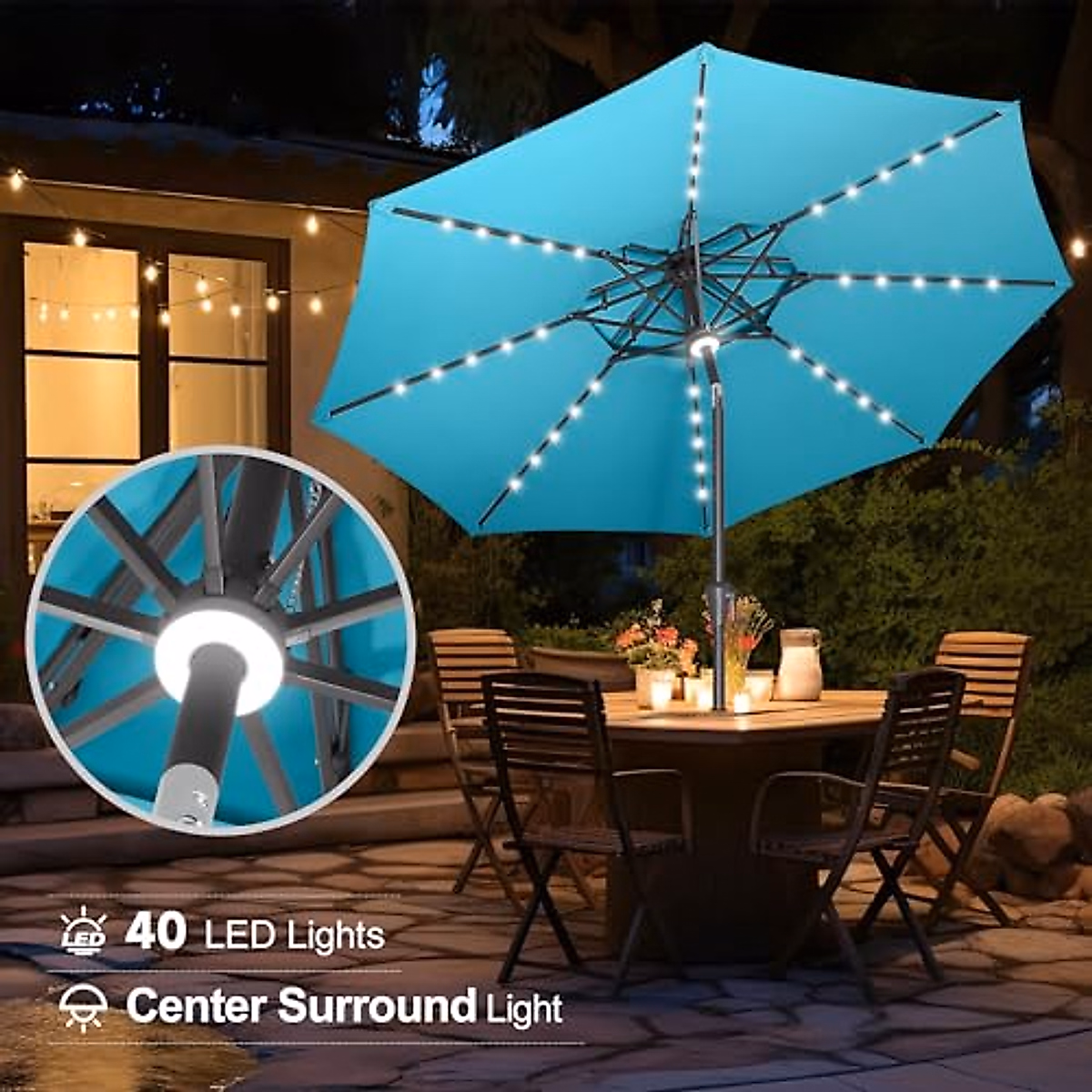 FLAME&SHADE 9 ft Double Top Solar Powered Outdoor Market Patio Table Umbrella with LED Lights and Tilt, Aqua Blue