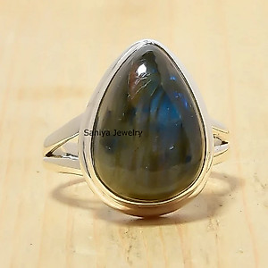 Saniya Jewelry Genuine Labradorite Pear Gemstone Real 925 Sterling Silver Handmade Ring For Women