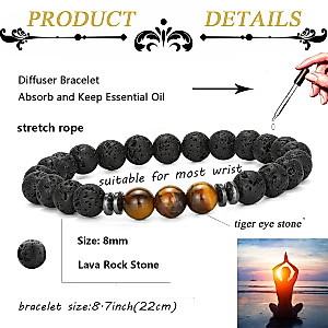MOZAKA 12Pcs 8mm Natural Stone Lava Rock Beaded Bracelets for Men Women Tiger Eye Hematite Black Onyx Matte Beads Essential Oil Diffuser Lava Stone Bead Bracelets Bulk (12Pcs-B)