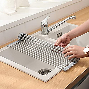 Large 21" x 16" Multipurpose Foldable Stainless Steel Roll Up Dish Drying Rack Over The Sink Kitchen Dish Drainer Rack and 2pcs Silicone Dish Brush (Gray)