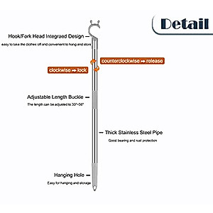 Closet Hanger Reacher Pole with Aluminum Alloy U-shaped Fork Head 56" Adjustable Extend Hook Pole for Closet Rod, Shelf Pole, Ceiling Pole