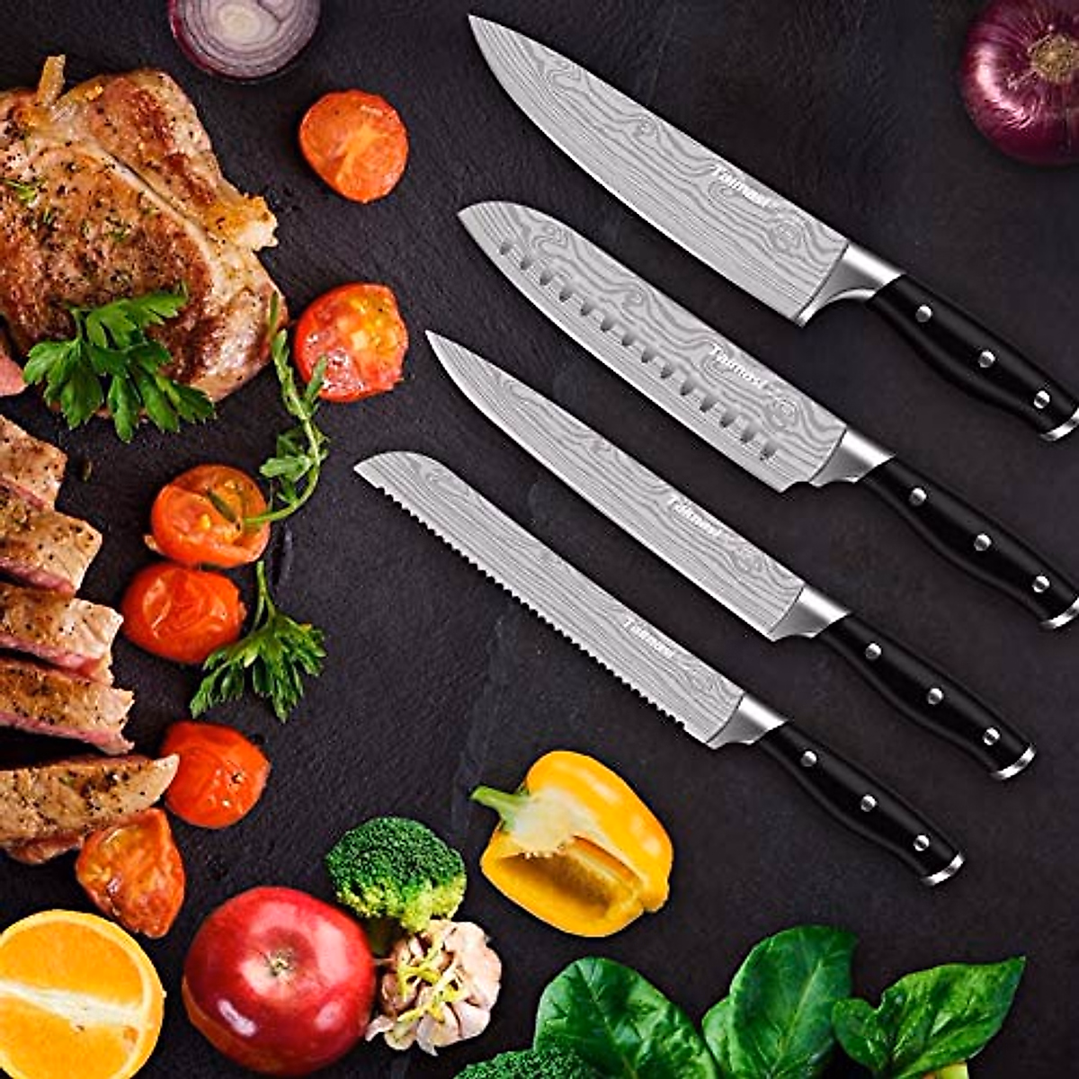 Knife set, 23 Pcs Kitchen Knife Set with Block & Sharpener Rod, High Carbon Stainless Steel Chef knife set, Ultra Sharp, Full-Tang Design