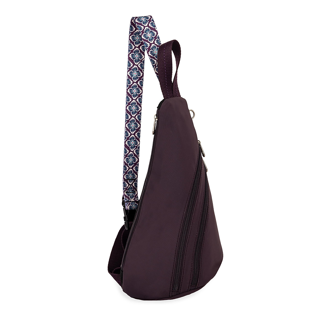 Sakroots On The Go Sling Backpack in Eco Twill, Adjustable Sling Strap, Aubergine