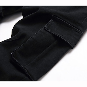 Black Jeans for Men Stretch Skinny Multi Pockets Slim Fit Elastic Jeans Comfort Tapered Leg Cargo Pencil Denim Pants, Black, 34